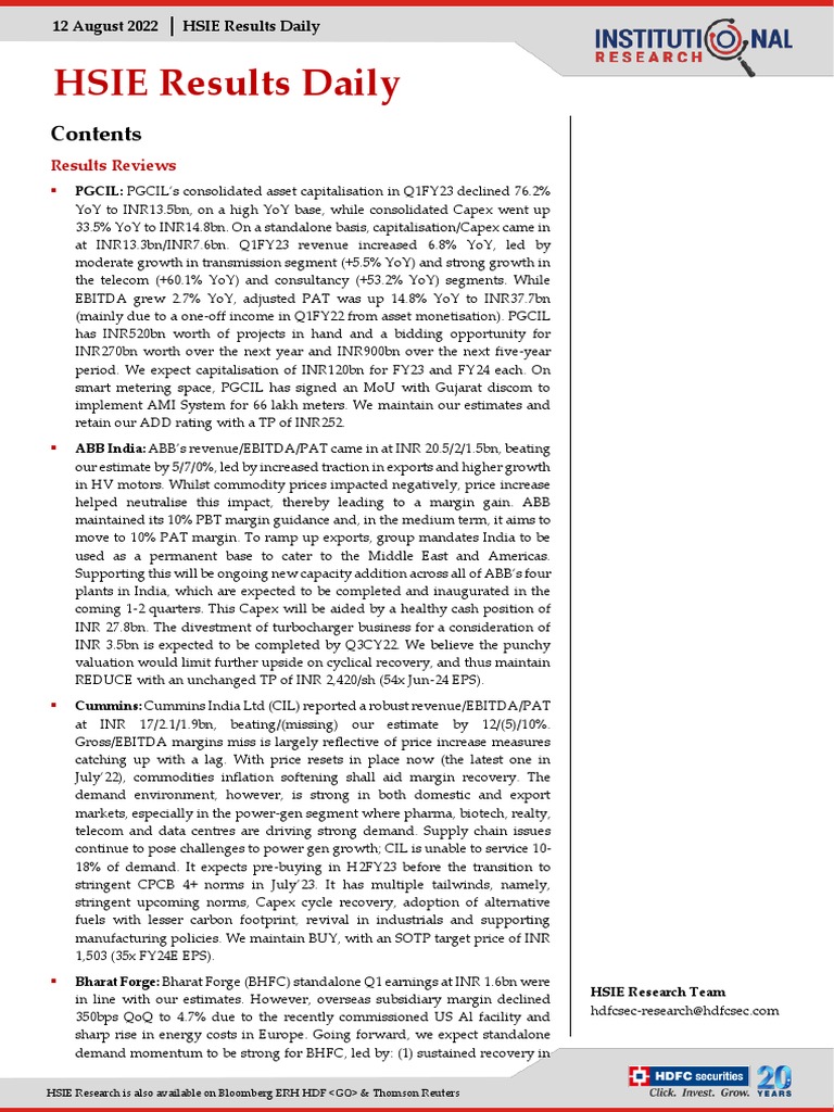HSIE Daily: Q1FY23 Results Review | PDF | Technology & Engineering