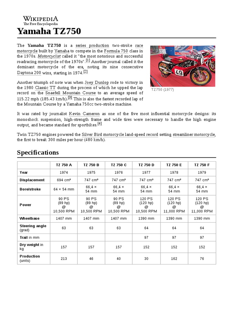 Yamaha TZ750: Specs and Performance | PDF
