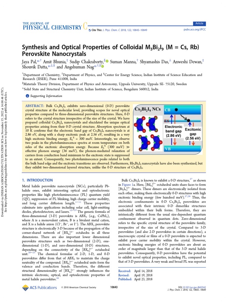 Synthesis and Optical Properties of Colloidal M3Bi2I9 M Cs RB Perovskite NanocrystalsJournal of ...