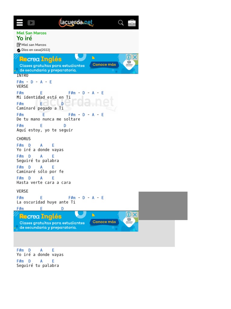 Acordes y letra de "Yo Iré" - Miel San Marcos | PDF