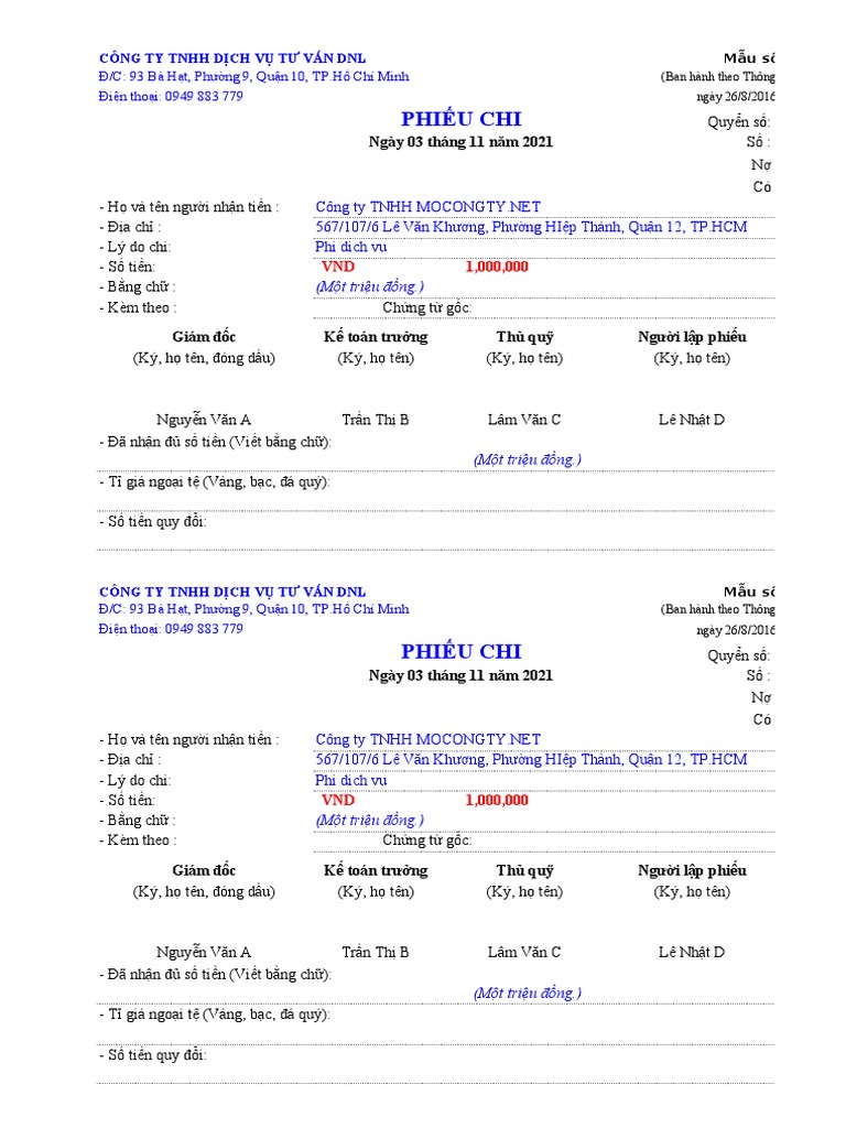 Mau Phieu Chi Moi Nhat 2021 | PDF