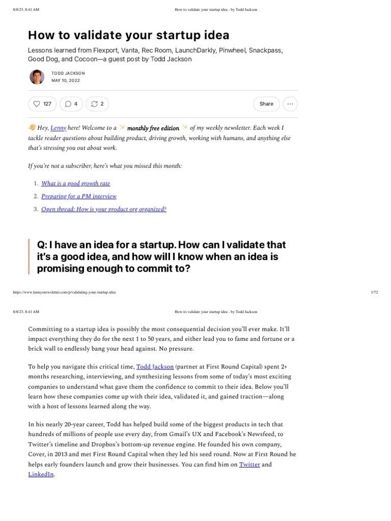 How To Validate Your Startup Idea - by Todd Jackson | Download Free PDF | Startup Company ...