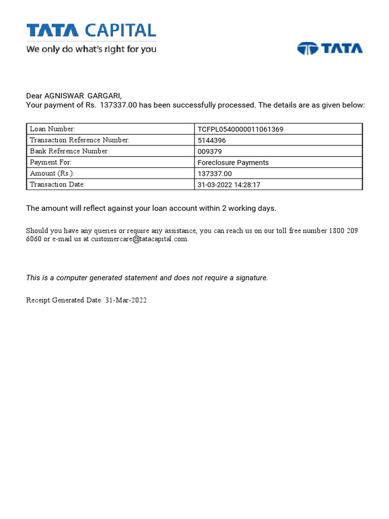 Loan Foreclosure Payment Confirmation | PDF | Finance & Money Management