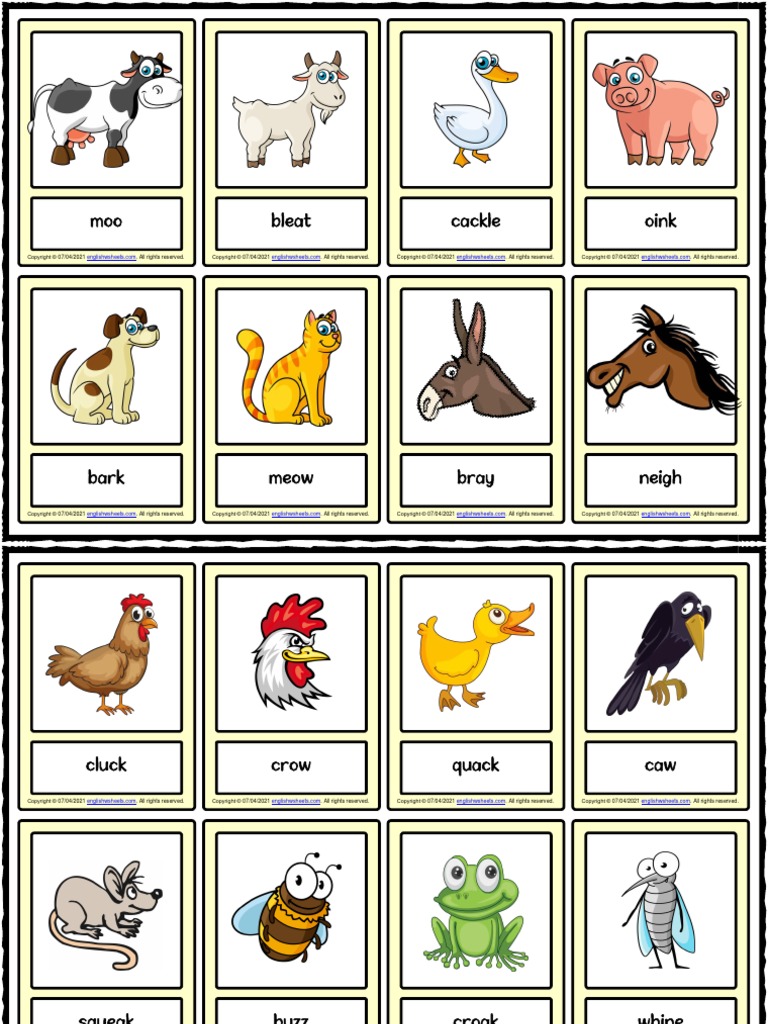 Animal Sounds Vocabulary Esl Printable Learning Cards For Kids | PDF ...