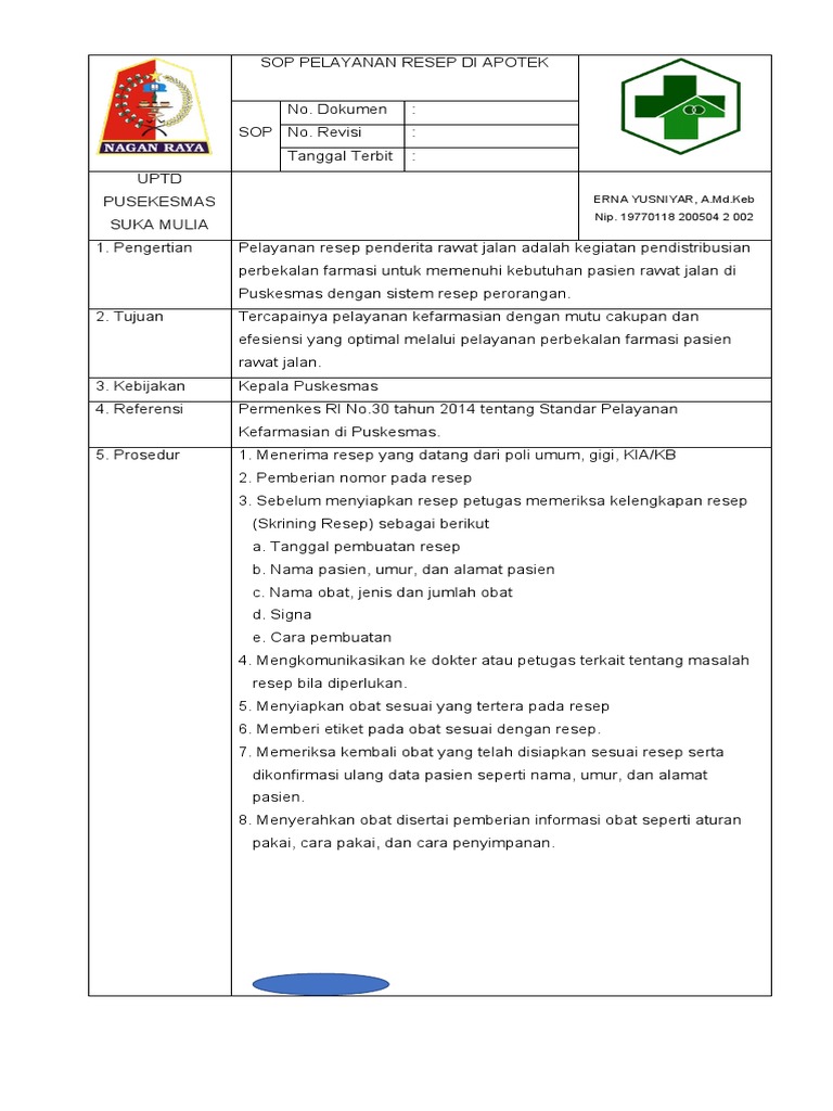 SOP Pelayanan Resep di Apotek Puskesmas | PDF | Sains & Matematika