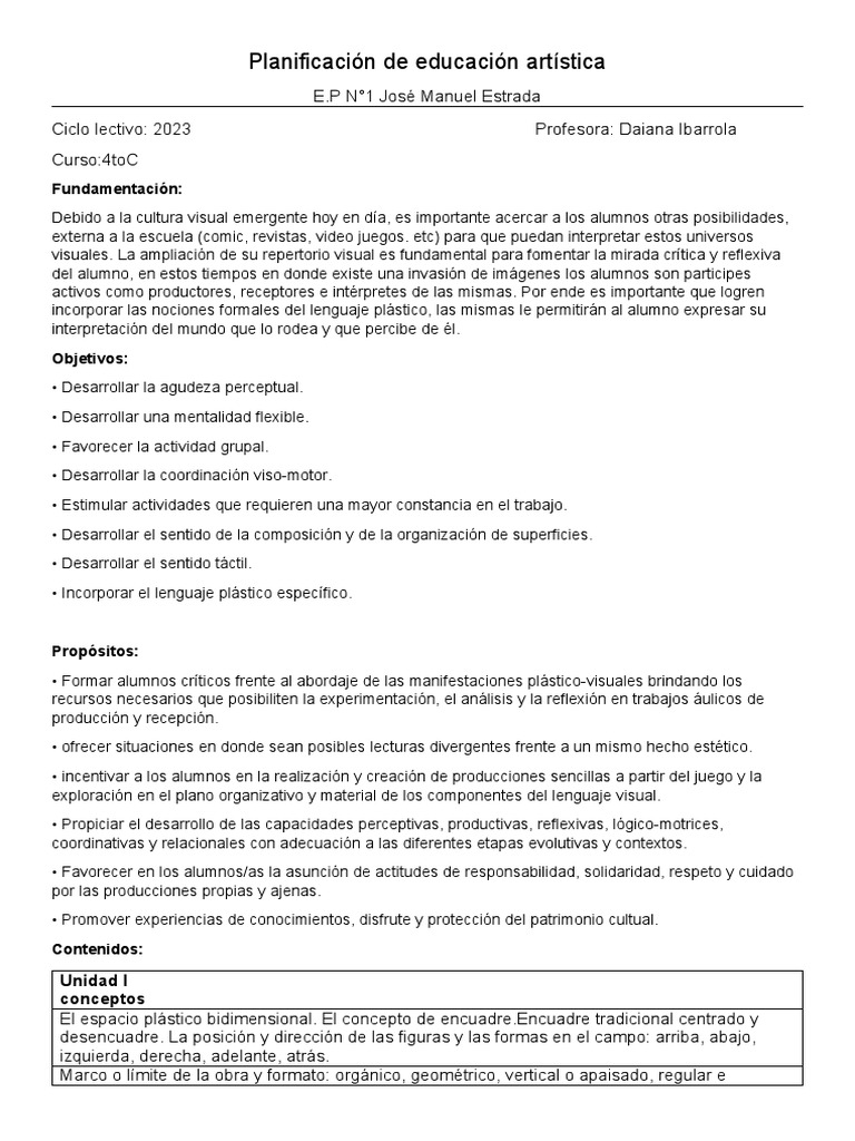 Planificación de Educación Artística 4to Grado | PDF | Imagen | Enseñando