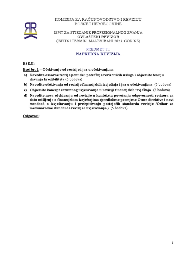 Komisija Za Računovodstvo I Reviziju Bosne I Hercegovine | PDF