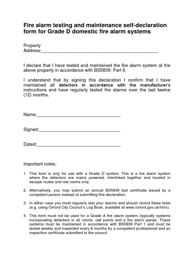 HMO Fire Alarm Testing Self Declaration Form | PDF | Finance & Money ...