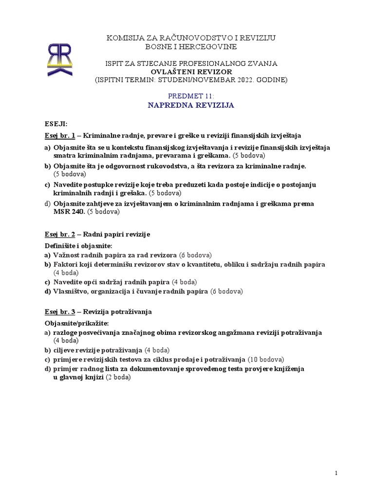 Komisija Za Računovodstvo I Reviziju Bosne I Hercegovine | PDF