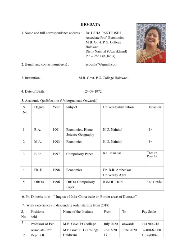 Usha Pant Joshi-Biodata | PDF Usha Pant Joshi-Biodata | PDF