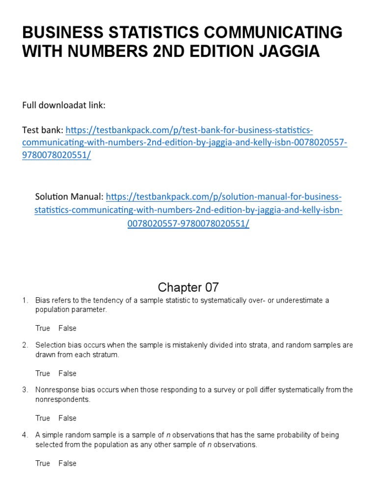 Business Statistics Communicating With Numbers 2nd Edition Jaggia Test ...