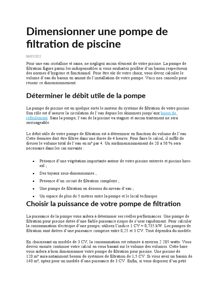Dimensionner Une Pompe de Filtration de Piscine | PDF