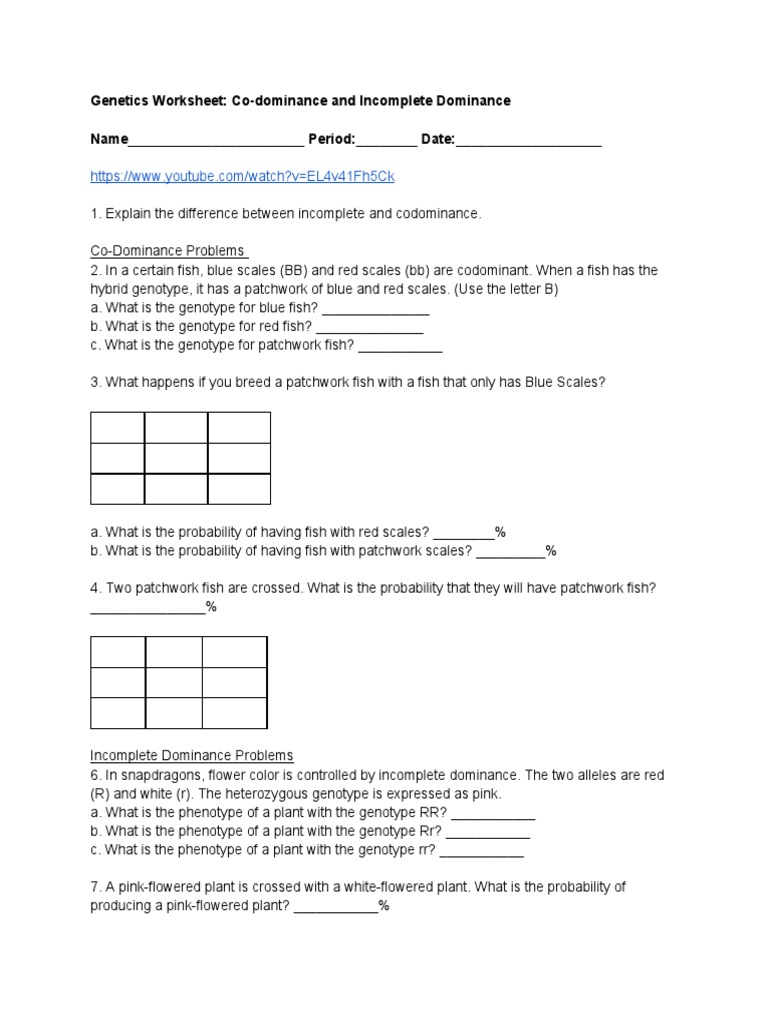 Genetics Worksheet: Co-dominance vs Incomplete Dominance | PDF