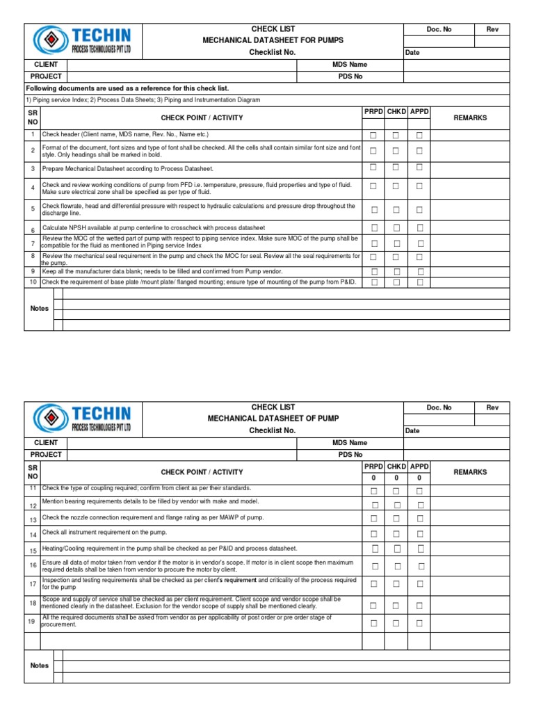 TIPL-ES-CL-002_MDS of Pump_Checklist | PDF | Pump | Mechanical Engineering