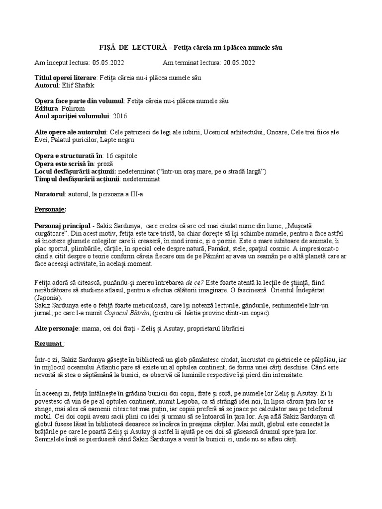 FISA de LECTURA Fetita Careia Nu II Placea Numele Sau | PDF