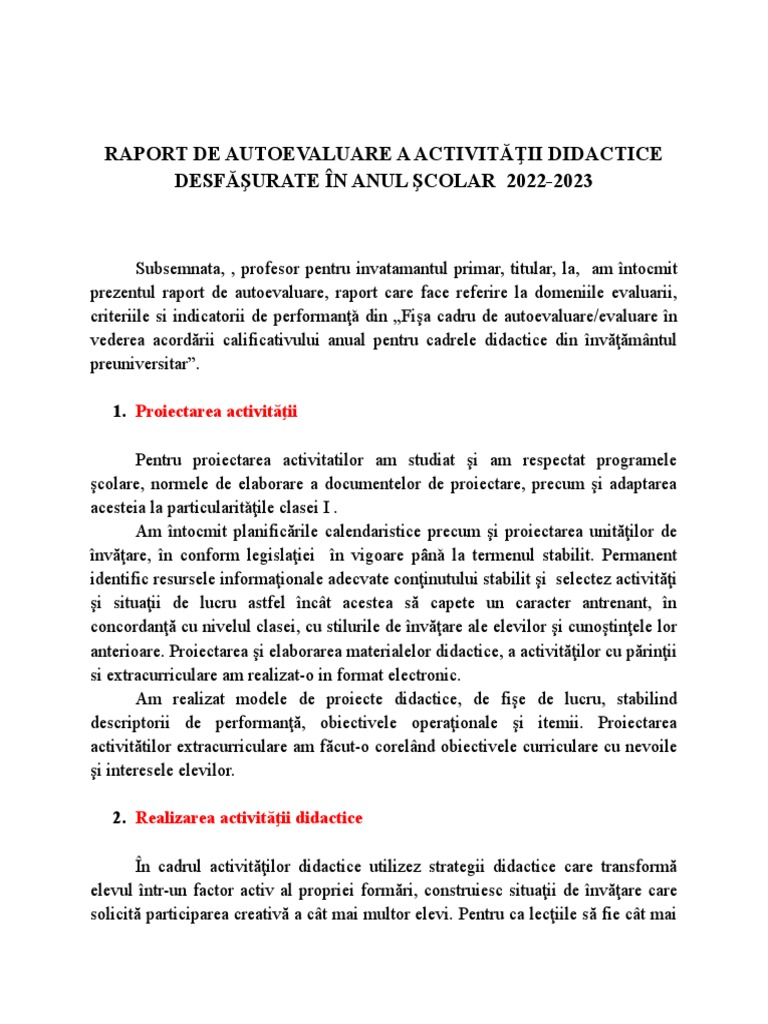 Raport Autoevaluare 2022-2023 | PDF