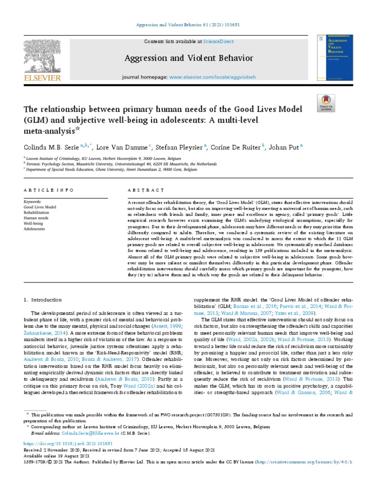 The Relationship Between Primary Human Needs of The Good Lives Model ...