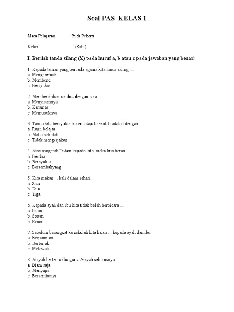 Soal BUDI PEKERTI PAS KELAS 1 | PDF