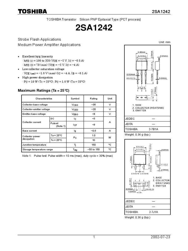 Transistor PNP 2sa1242 (A1242) | PDF | Bipolar Junction Transistor | Reliability Engineering