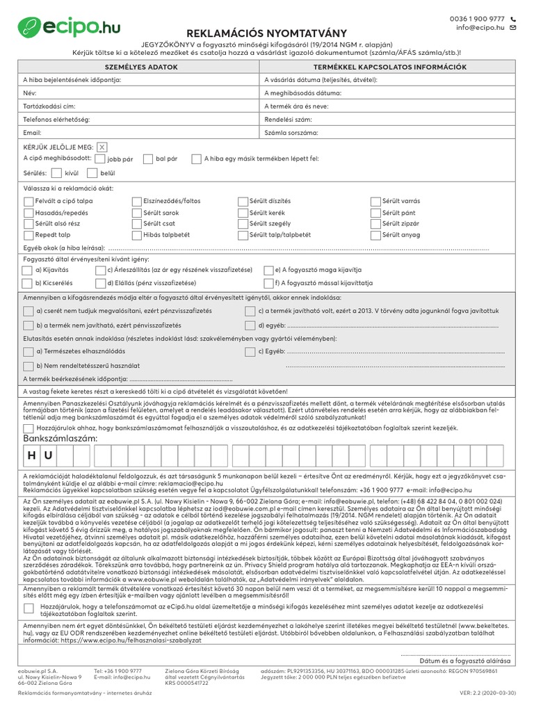 Formularz Reklamacyjny On Line HU | PDF