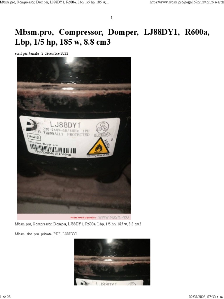 MBSM - Pro, Compressor, Domper, LJ88DY1, R600a, LBP, 1 - 5 HP, 185 W, 8 ...