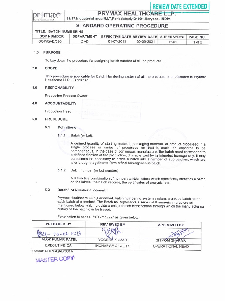 Batch Numbering Procedure | PDF