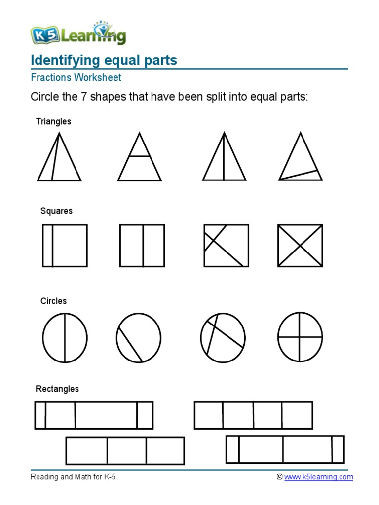 Identifying Equal Parts: Circle The 7 Shapes That Have Been Split Into ...