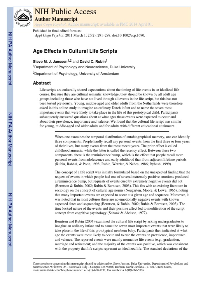 Age Influence on Cultural Life Scripts | PDF | Cognitive Psychology ...