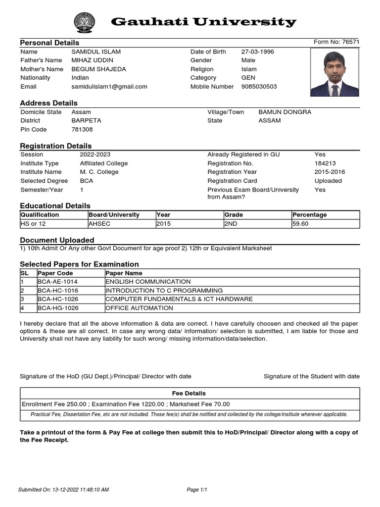 BCA Enrollment Form Details | PDF