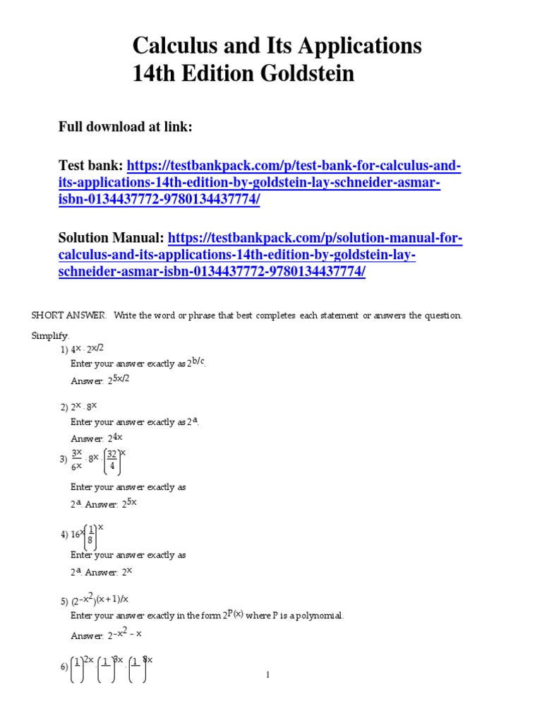 Calculus and Its Applications 14th Edition Goldstein Test Bank 1 | PDF ...