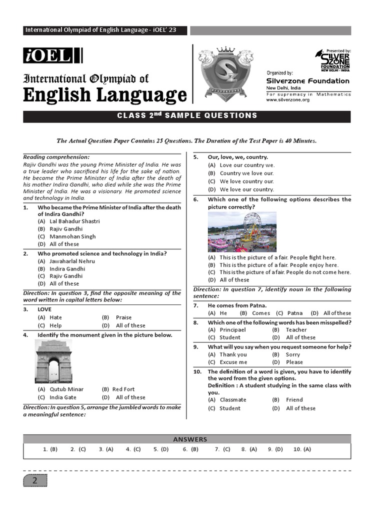 Class 2 iOEL English Olympiad Sample Paper | PDF