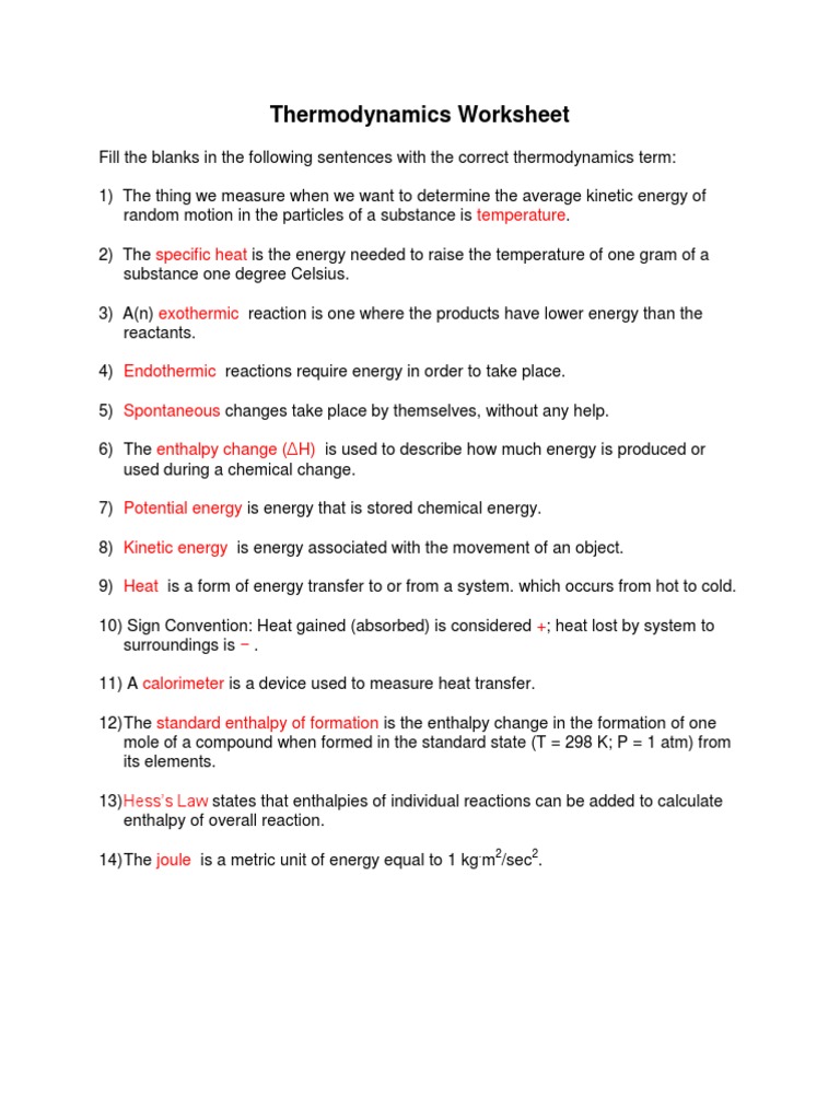 Energetics-Thermodynamics Part 1 Review WS Answer Key | PDF