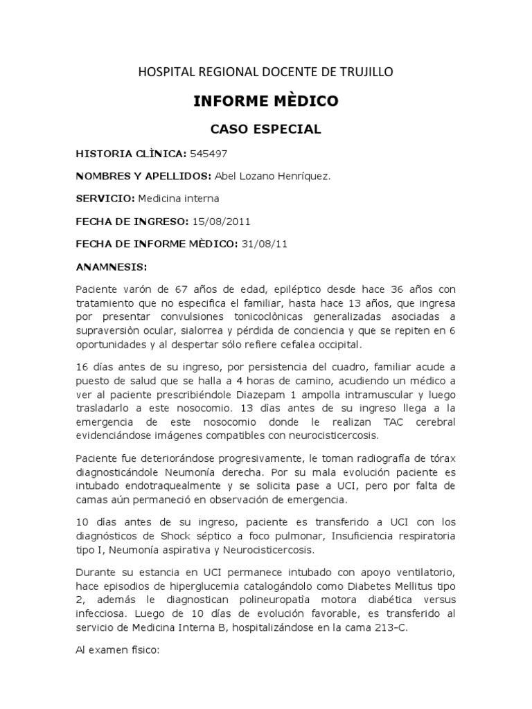 Informe Médico: Caso de Neurocisticercosis | PDF | Neumonía | Diabetes ...