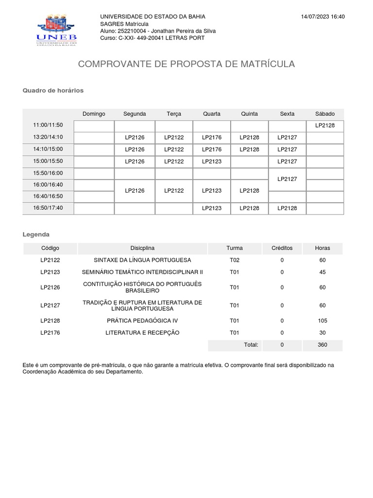 Comprovante de Matrícula | PDF