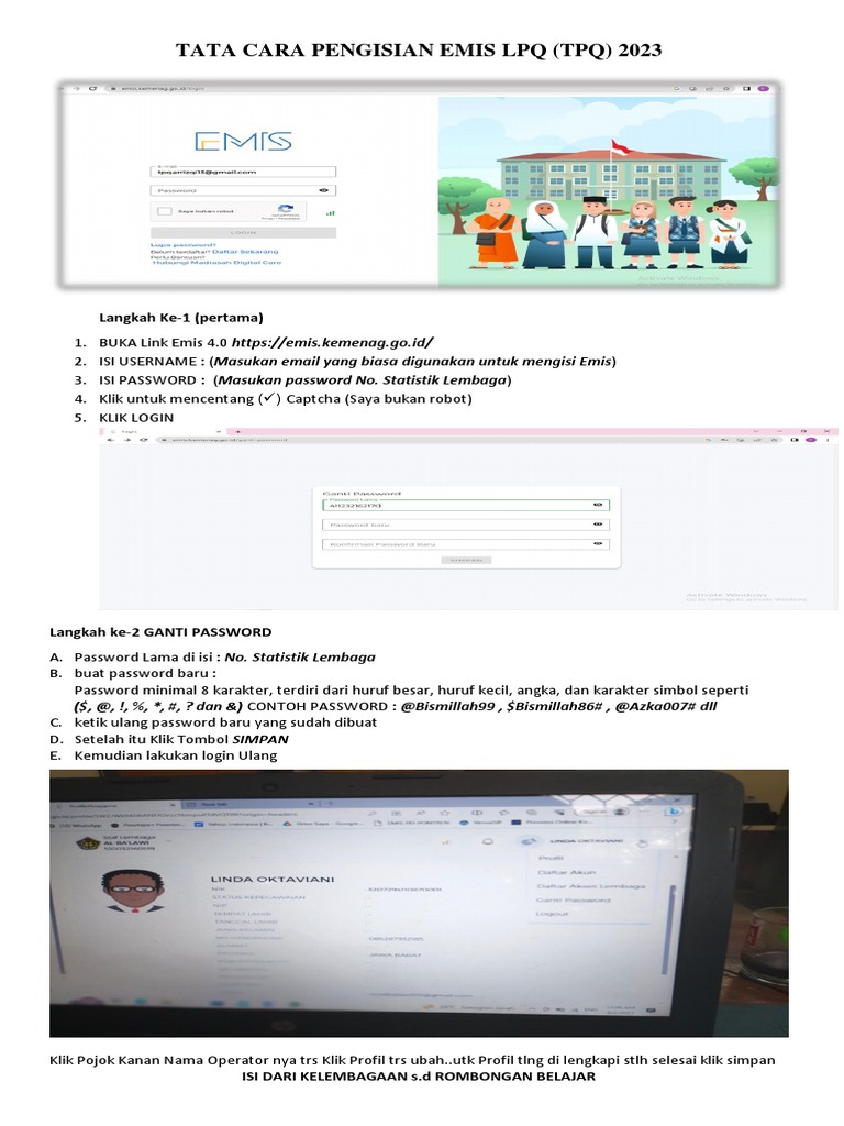TATA CARA PENGISIAN EMIS LPQ (TPQ) 2023 - SDH Pnya Akun | PDF