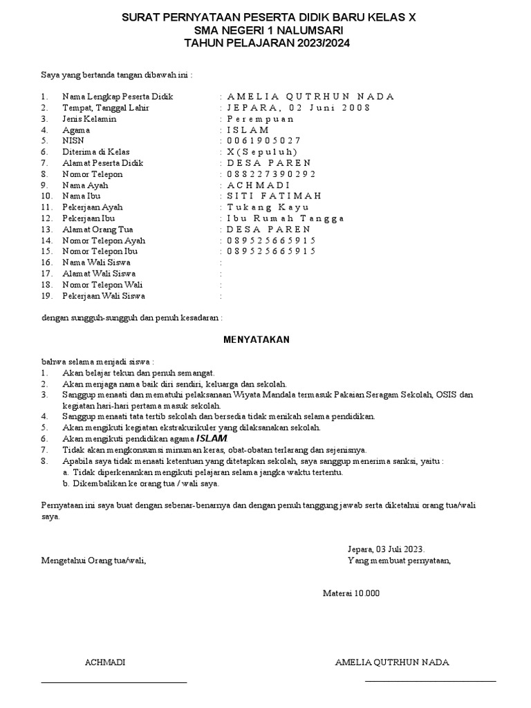 Surat Pernyataan Dan Formulir PPDB Smanena Tahun 2023 | PDF