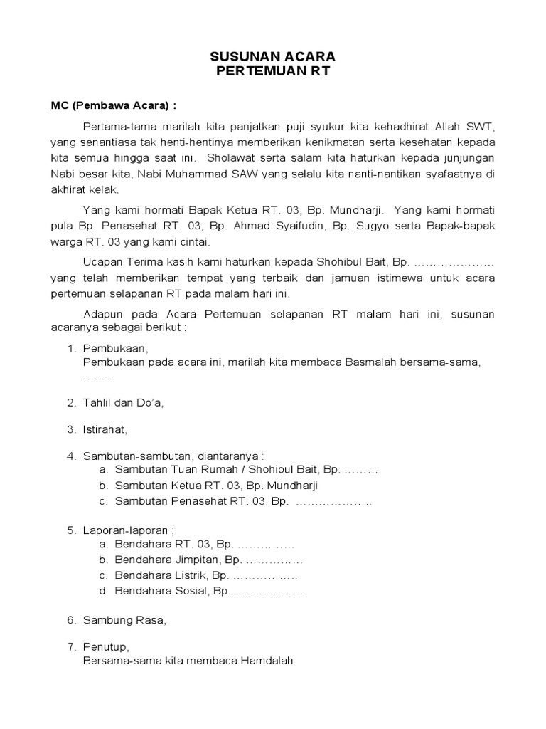 Susunan Acara & Sambutan MC Pertemuan RT | PDF