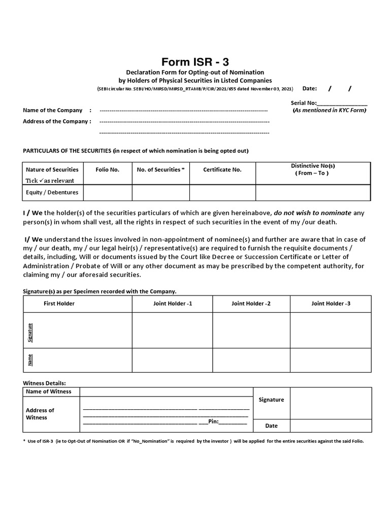 Isr 3 Declaration For Opting Out of Nomination | PDF | Securities (Finance) | Legal Documents