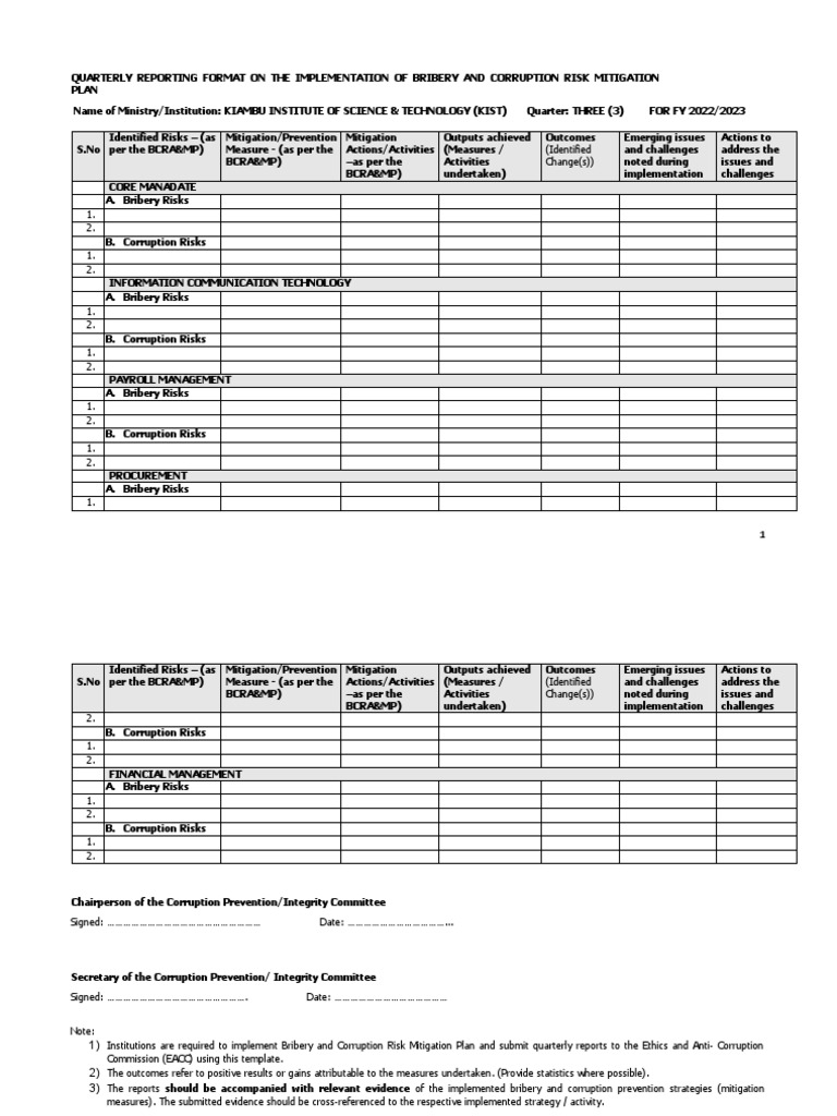 Eacc Quaterly Reporting Format For Perforamnce Contracting | PDF