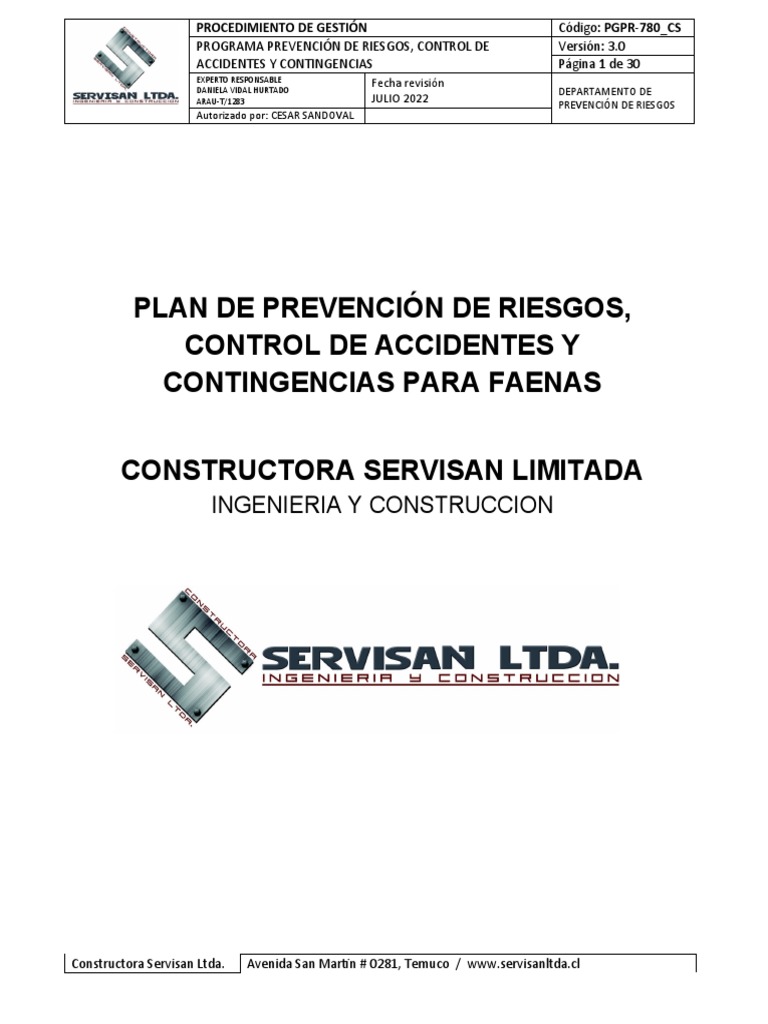 Plan de Prevención de Riesgos Servisan | PDF