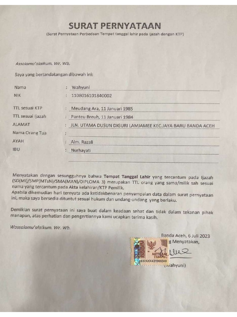 contoh Surat pernyataan beda tanggal lahir | PDF