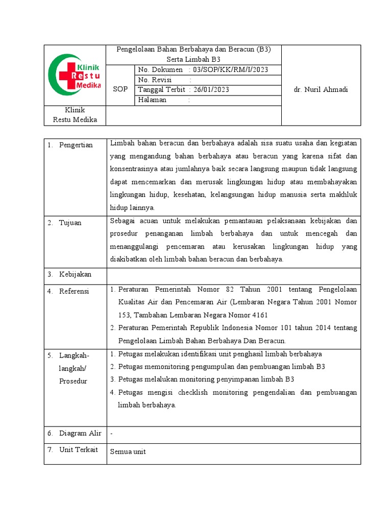 1.3.5.1 SOP Pengelolaan Bahan Berabahaya Dan Baracun (B3) Serta Limbah B3 | PDF | Kesehatan Holistik