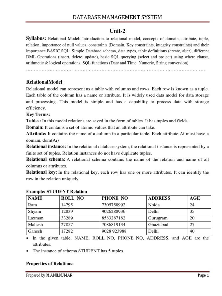 Unit 2 DBMS | PDF | Relational Model | Relational Database
