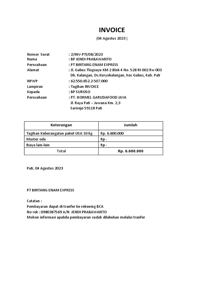 Invoice PT Bintang Enam Express | PDF