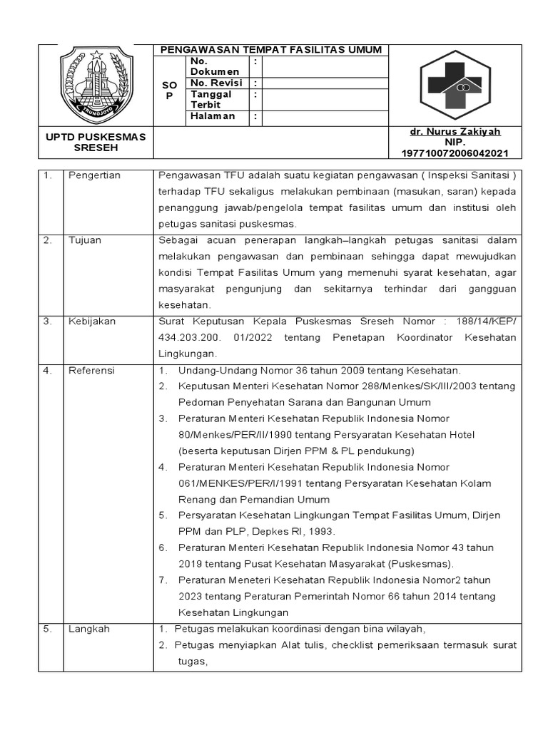 Sop Inspeksi Kesling Tempat Fasilitas Umum 2023 | PDF