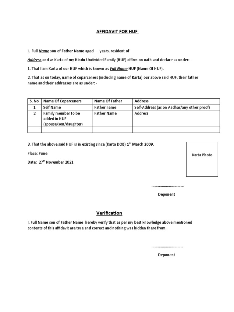 HUF Affidavit Format and Sample | PDF