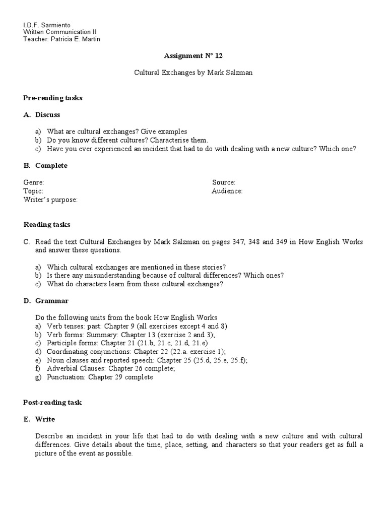 Assignment Cultural Exchanges | PDF