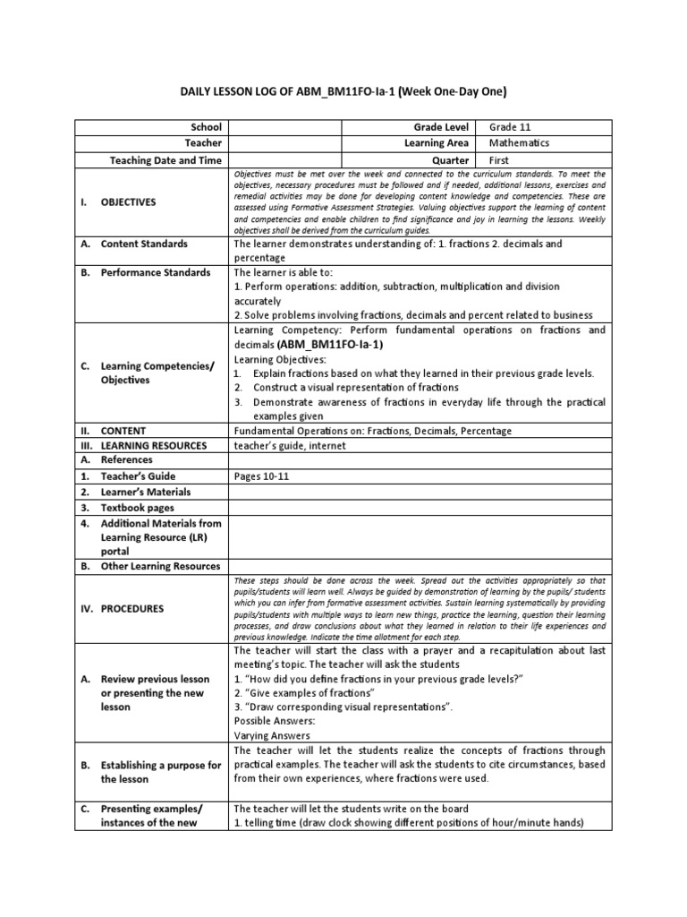 DAILY LESSON LOG OF ABM - BM11FO-Ia-1 (Week One-Day One) | PDF ...