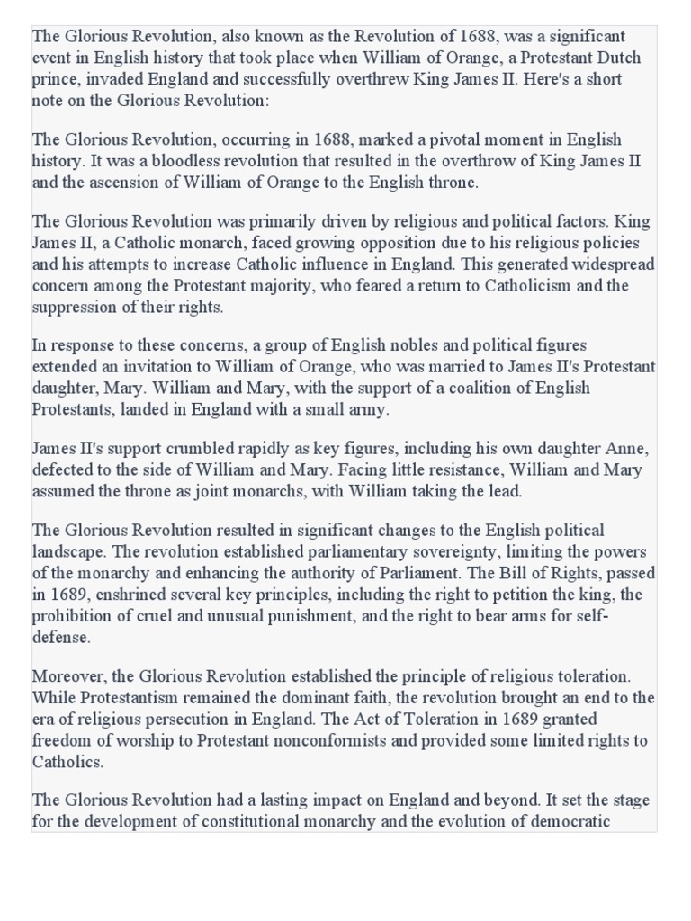 Glorious Revolution: 1688 Overthrow Explained | PDF