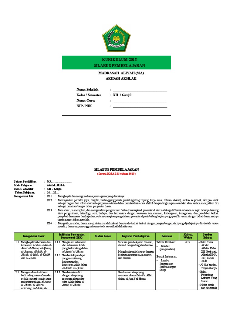 Silabus - Sesuai Kma 183 Tahun 2019 | PDF